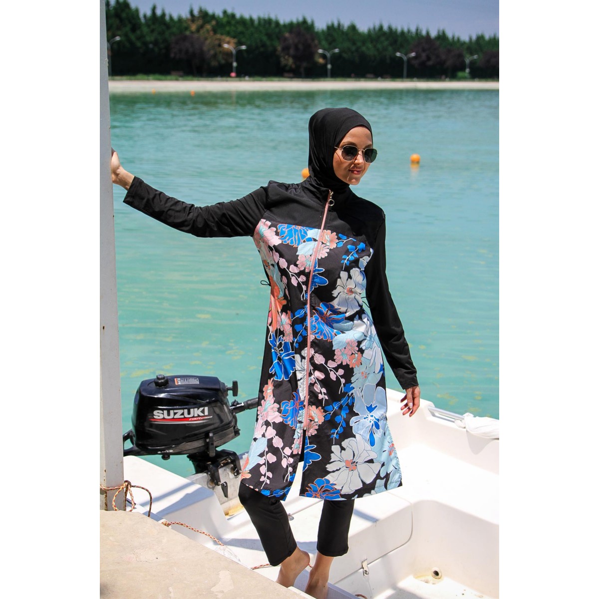 Mayo burkini Marina Black Women's Floral Patterned Design Hijab Swimsuit M2265 - burkini-1182